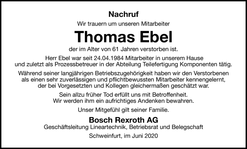 Nachruf Wir trauern um unseren Mitarbeiter Thomas Ebel der im Alter von 61