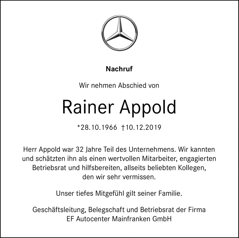 Nachruf Wir nehmen Abschied von Rainer Appold *28