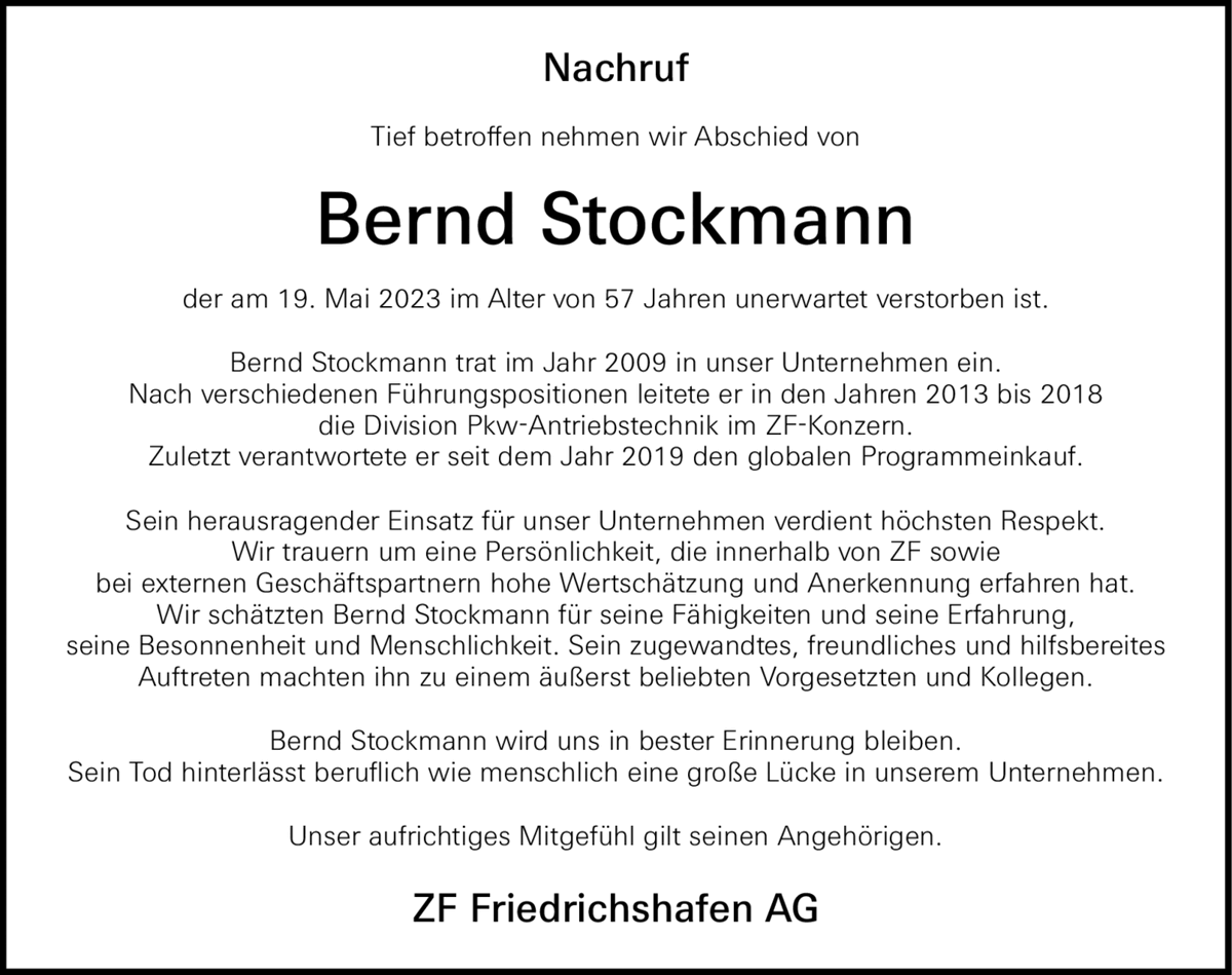 Nachruf Tief betro?en nehmen wir Abschied von Bernd Stockmann der am 19