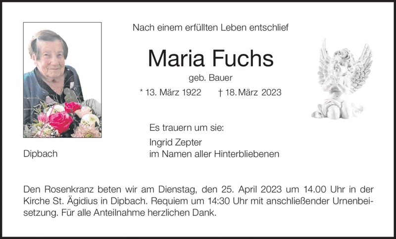 Nach einem erfüllten Leben entschlief Maria Fuchs geb