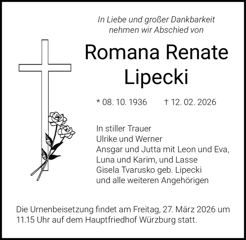 In Liebe und großer Dankbarkeit nehmen wir Abschied von Romana Renate ...