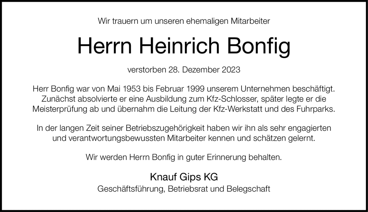 Wir trauern um unseren ehemaligen Mitarbeiter Herrn Heinrich Bonfig ...
