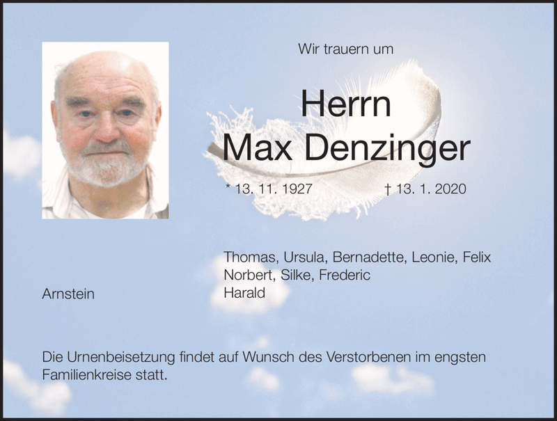 Wir trauern um Herrn Max Denzinger * 13