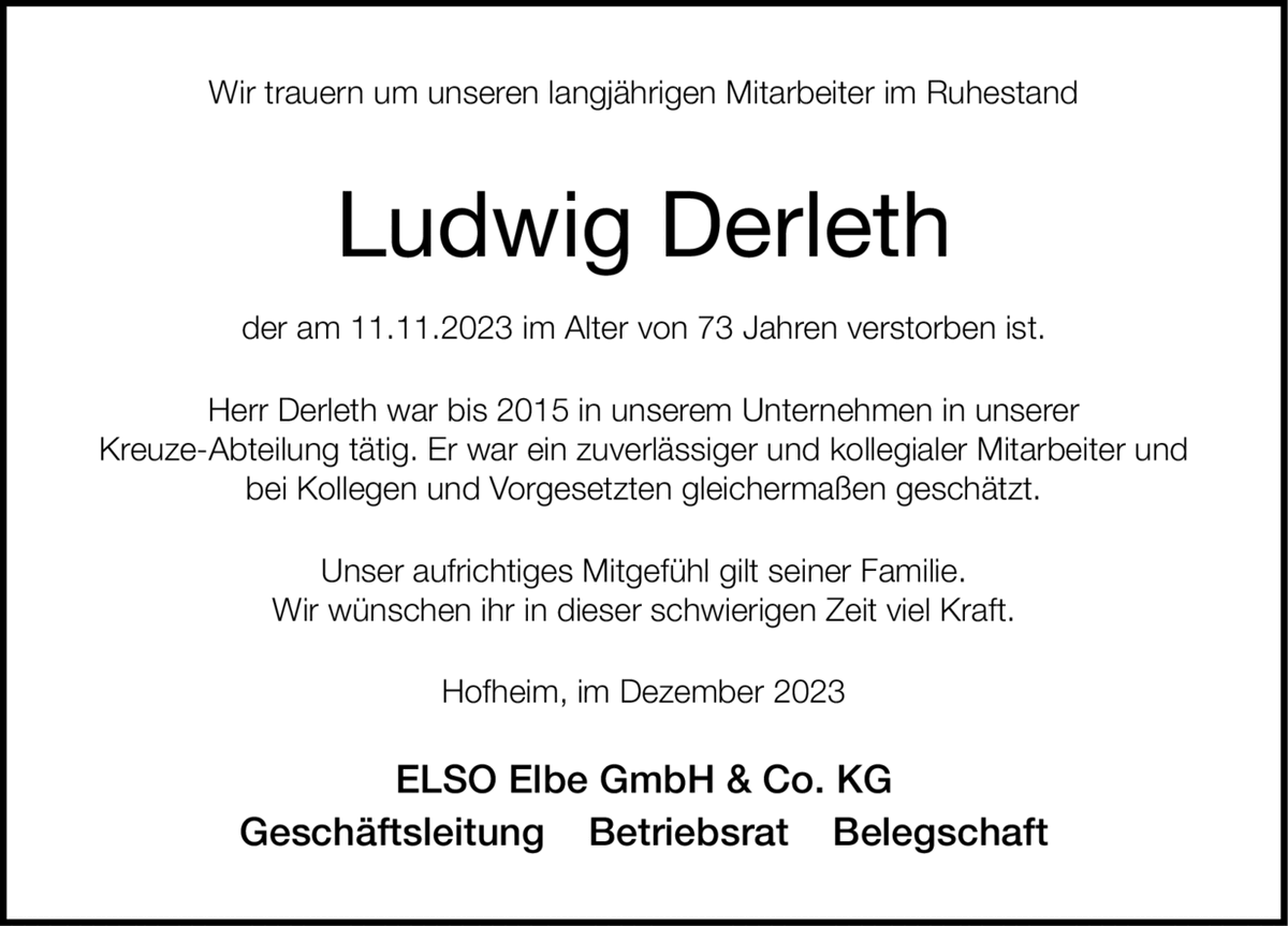 Wir trauern um unseren langjährigen Mitarbeiter im Ruhestand Ludwig Derleth