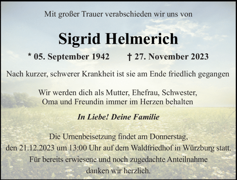 Mit großer Trauer verabschieden wir uns von Sigrid Helmerich * 05