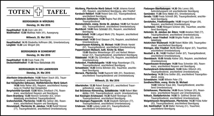 Beerdigungen in Würzburg Dienstag