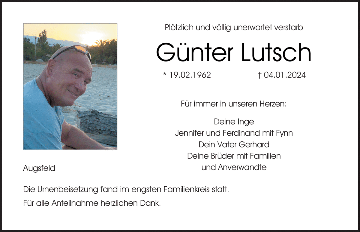 Plötzlich und völlig unerwartet verstarb Günter Lutsch * 19