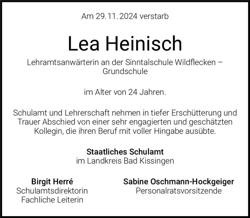 Am 29.11. 2024 verstarb Lea Heinisch Lehramtsanwärterin an der ...