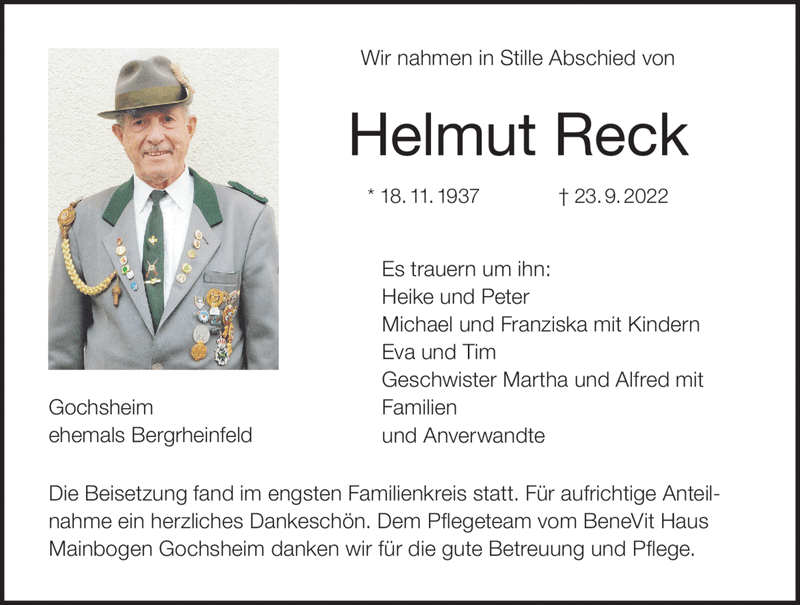 Wir nahmen in Stille Abschied von Helmut Reck * 18