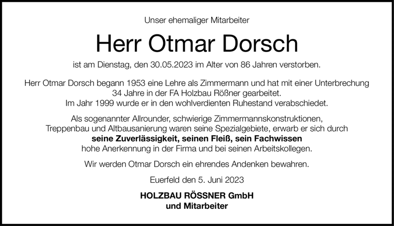 Unser ehemaliger Mitarbeiter Herr Otmar Dorsch ist am Dienstag