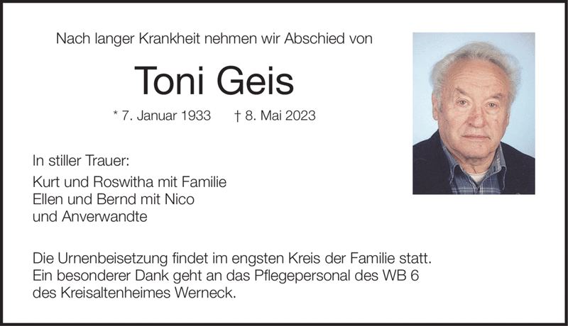 Nach langer Krankheit nehmen wir Abschied von Toni Geis * 7