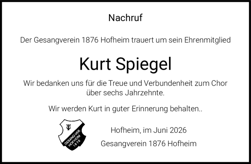 Nachruf Der Gesangverein 1876 Hofheim trauert um sein Ehrenmitglied Kurt