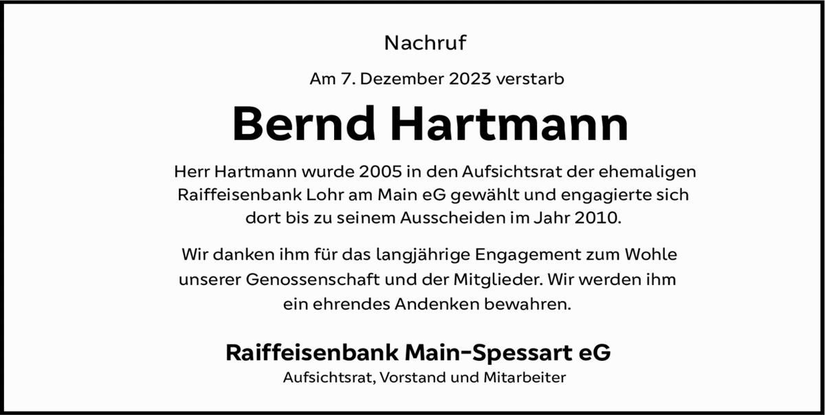 Nachruf Am 7. Dezember 2023 verstarb Bernd Hartmann Herr Hartmann wurde 2005
