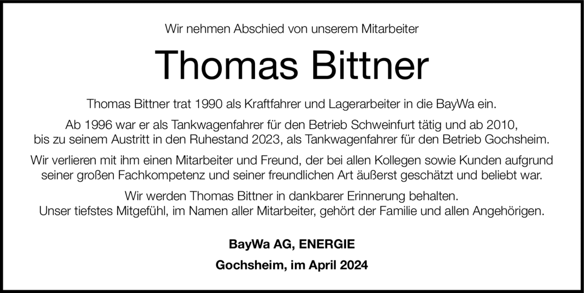 Wir nehmen Abschied von unserem Mitarbeiter Thomas Bittner Thomas ...