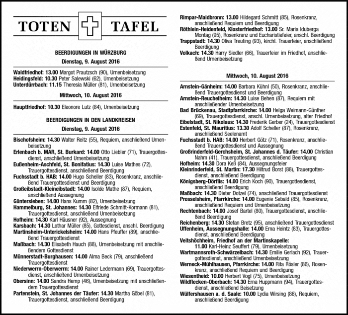 Beerdigungen in Würzburg Dienstag
