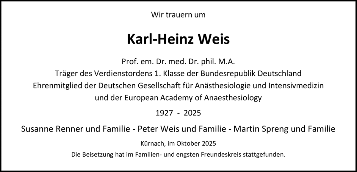 Wir trauern um Karl-Heinz Weis Prof