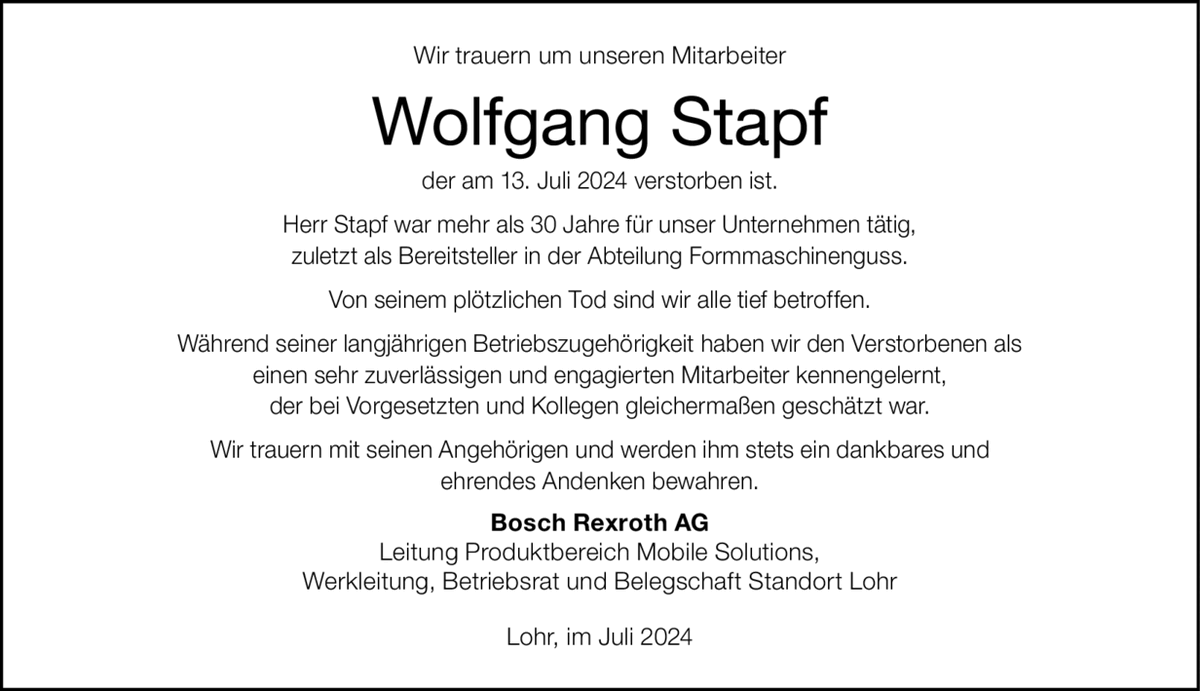 Wir trauern um unseren Mitarbeiter Wolfgang Stapf der am 13