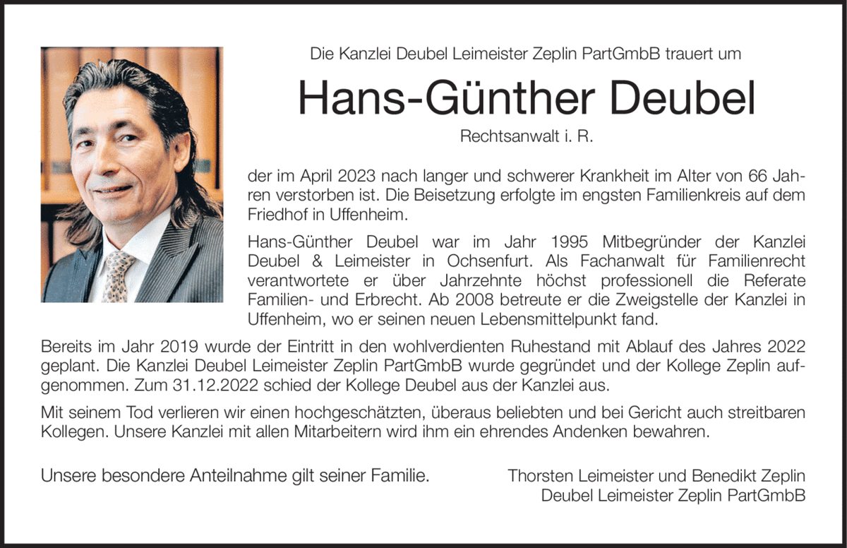 Die Kanzlei Deubel Leimeister Zeplin PartGmbB trauert um Hans-Günther ...