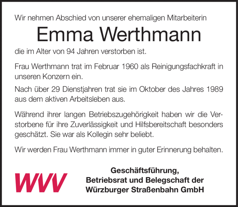 Wir nehmen Abschied von unserer ehemaligen Mitarbeiterin Emma Werthmann ...
