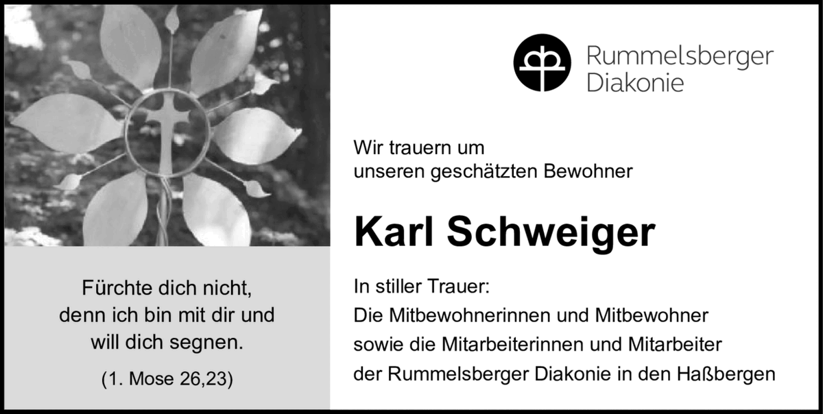 Wir trauern um unseren geschätzten Bewohner Karl Schweiger Fürchte dich ...
