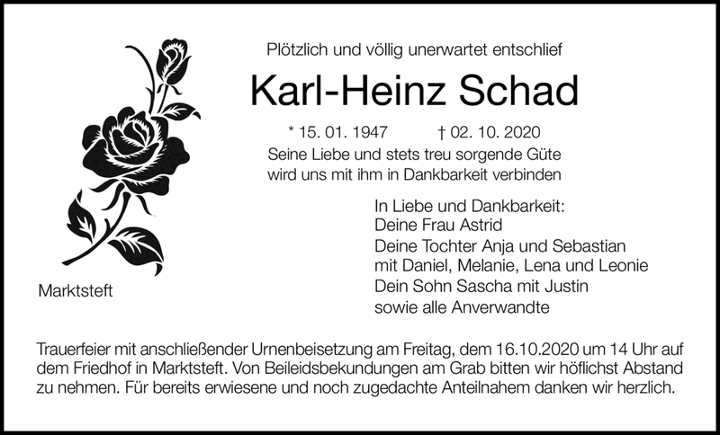 Plötzlich und völlig unerwartet entschlief Karl-Heinz Schad * 15