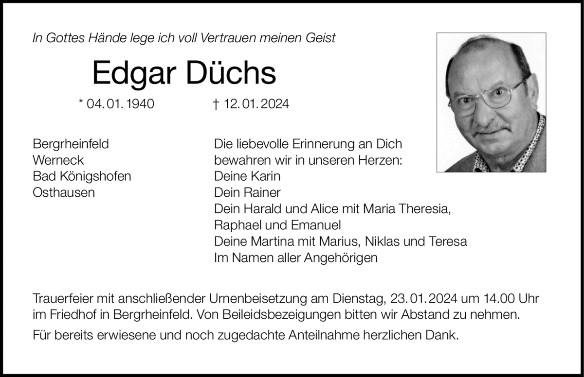 In Gottes Hände lege ich voll Vertrauen meinen Geist Edgar Düchs * 04