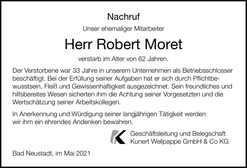 Nachruf Unser ehemaliger Mitarbeiter Herr Robert Moret verstarb im ...