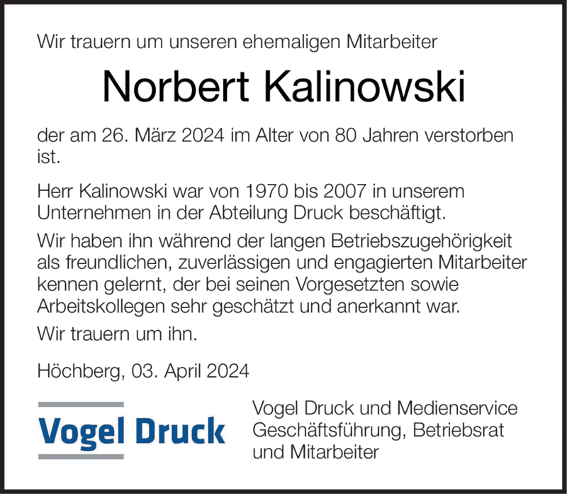 Wir trauern um unseren ehemaligen Mitarbeiter Norbert Kalinowski der am 26