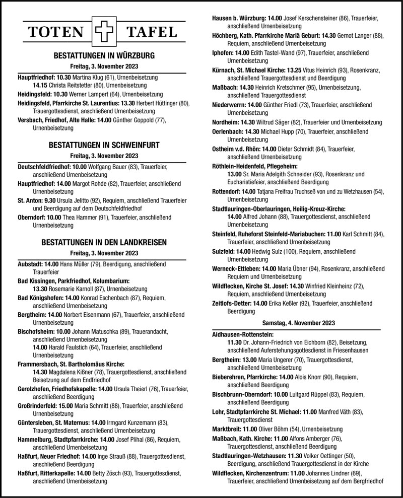 BESTATTUNGEN IN WÜRZBURG Freitag