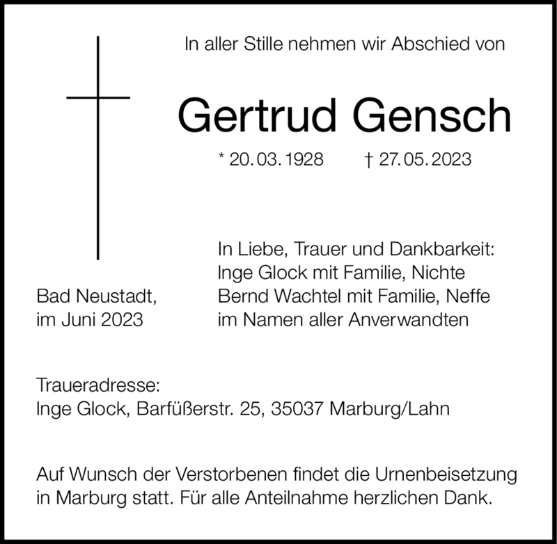 In aller Stille nehmen wir Abschied von Gertrud Gensch * 20