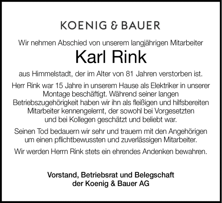 Wir nehmen Abschied von unserem langjährigen Mitarbeiter Karl Rink aus
