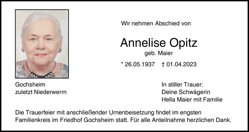 Wir nehmen Abschied von Annelise Opitz geb