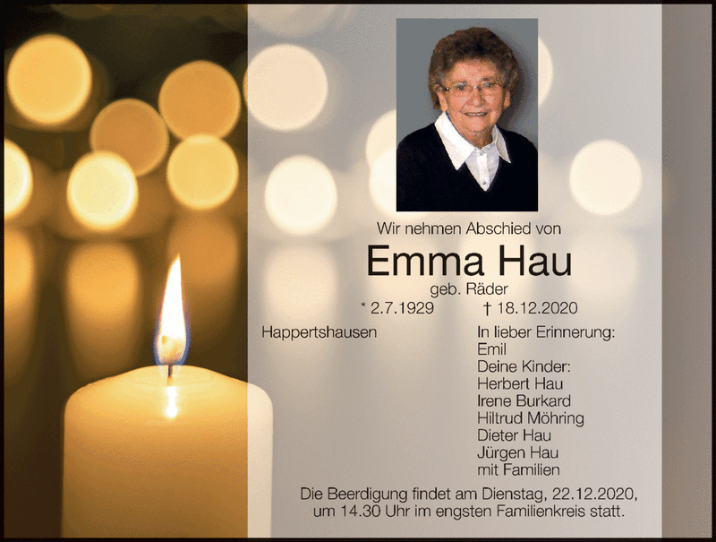 Wir nehmen Abschied von Emma Hau geb
