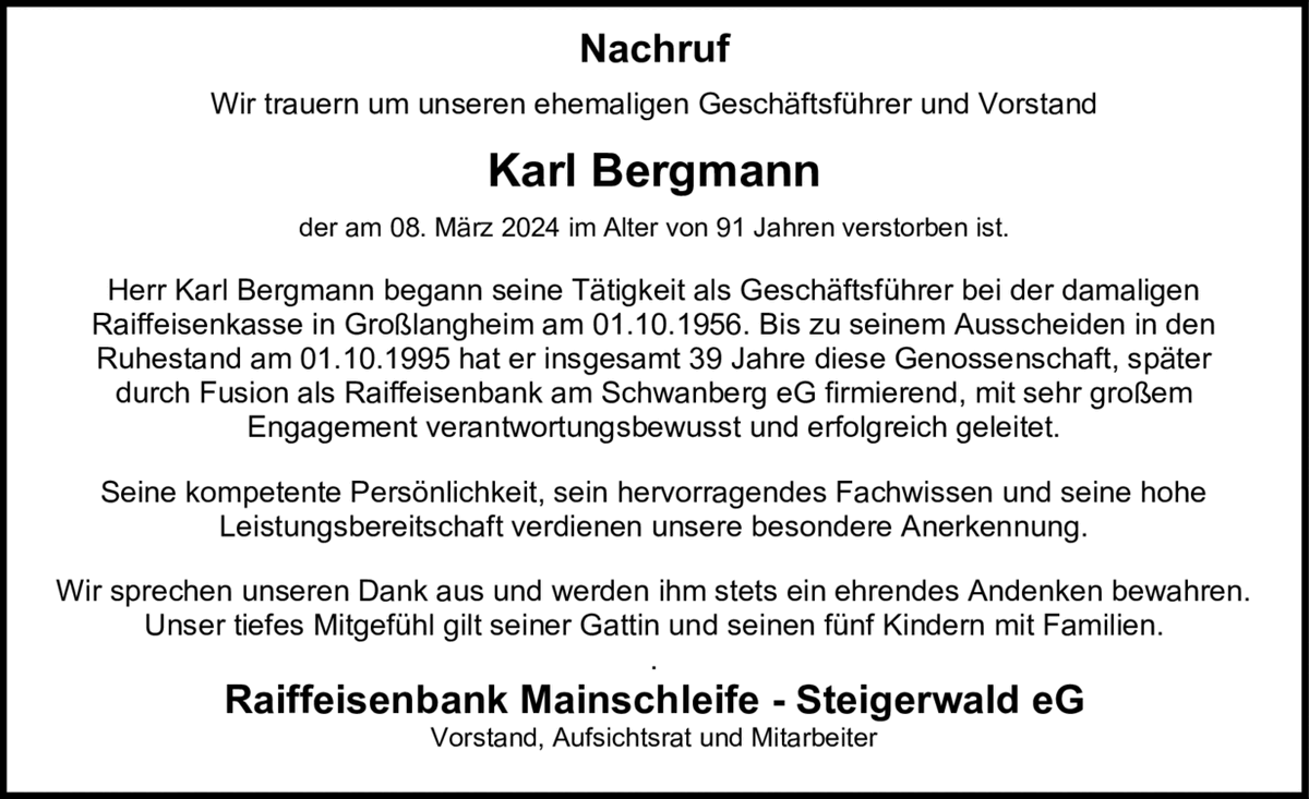 Nachruf Wir trauern um unseren ehemaligen Geschäftsführer und Vorstand Karl