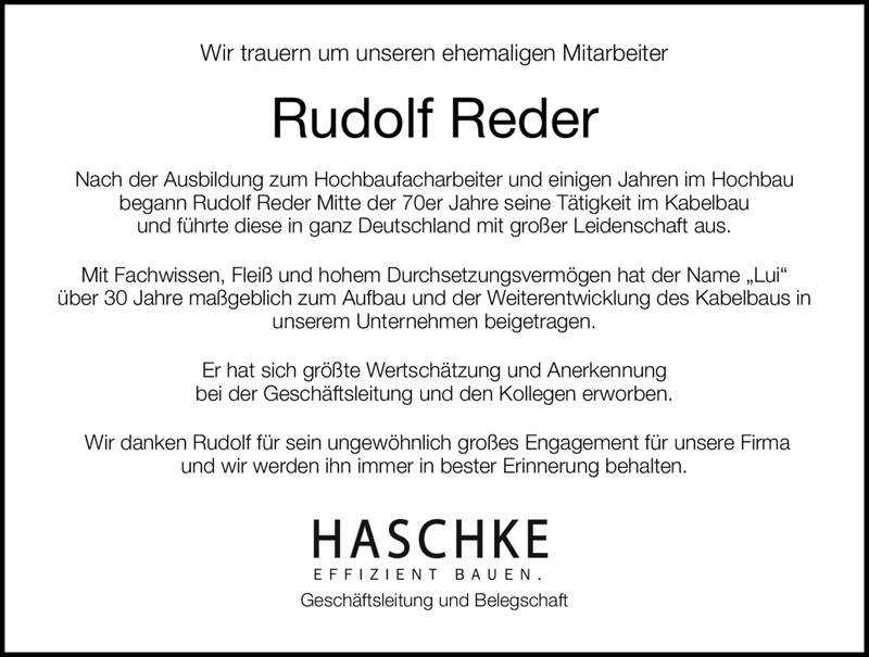 Wir trauern um unseren ehemaligen Mitarbeiter Rudolf Reder Nach der ...