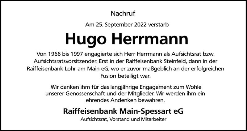 Nachruf Am 25. September 2022 verstarb Hugo Herrmann Von 1966 bis 1997