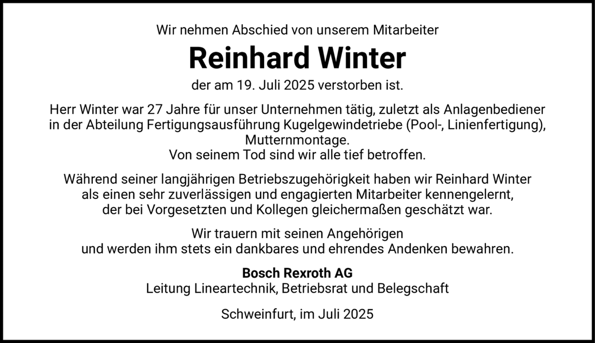 Wir nehmen Abschied von unserem Mitarbeiter Reinhard Winter der am 19