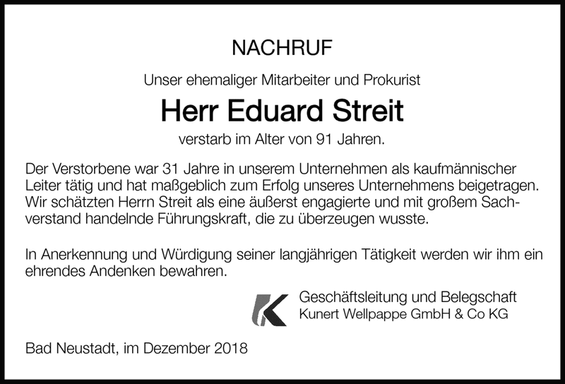 NACHRUF Unser ehemaliger Mitarbeiter und Prokurist Herr Eduard Streit ...