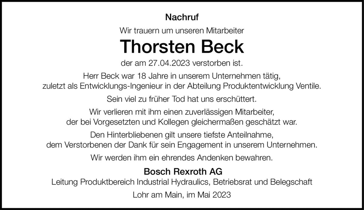 Nachruf Wir trauern um unseren Mitarbeiter Thorsten Beck der am 27