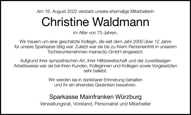 Am 18. August 2022 verstarb unsere ehemalige Mitarbeiterin Christine Waldmann