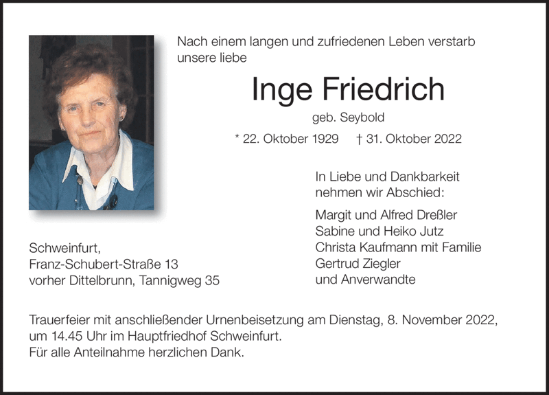 Nach einem langen und zufriedenen Leben verstarb unsere liebe Inge ...