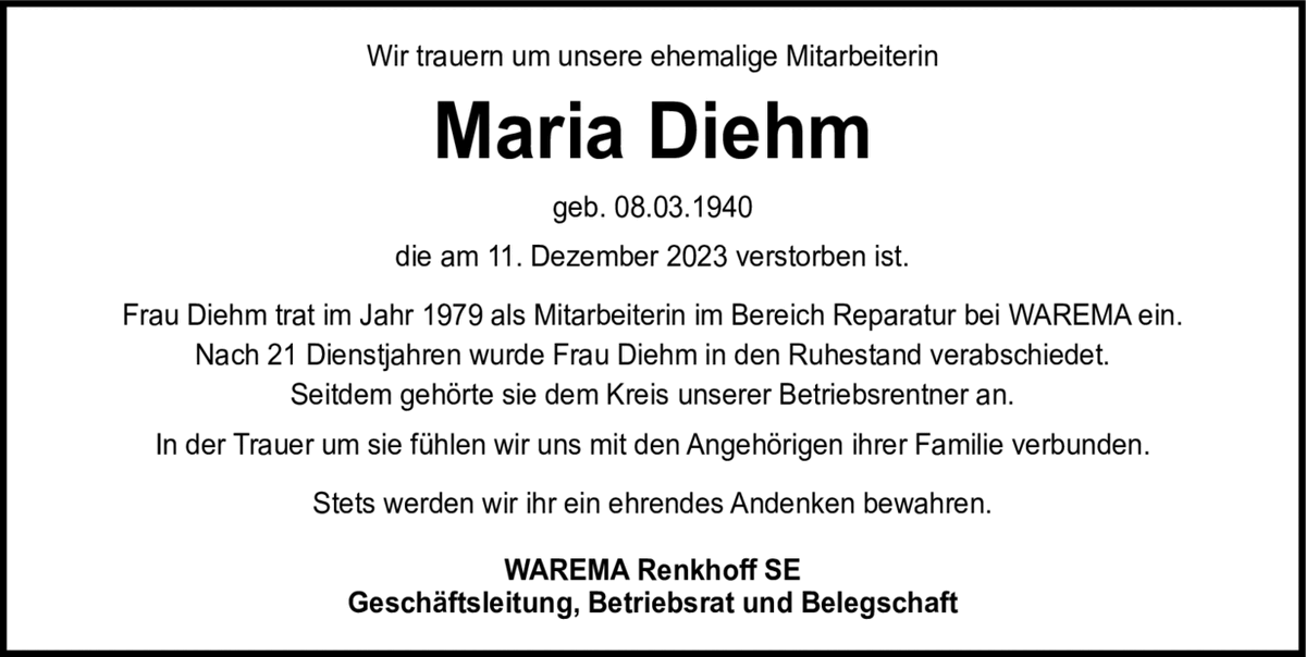 Wir trauern um unsere ehemalige Mitarbeiterin Maria Diehm geb