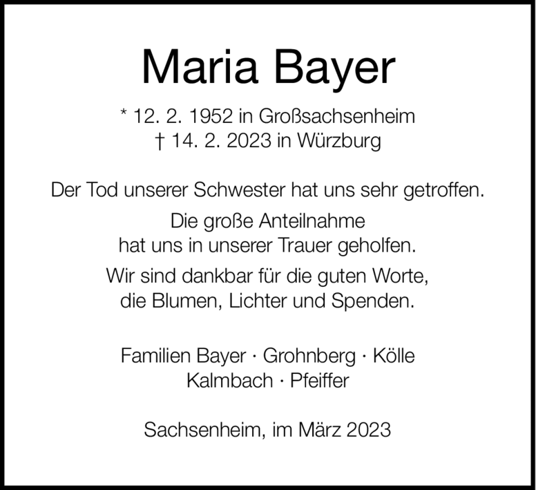 Maria Bayer * 12. 2. 1952 in Großsachsenheim ? 14