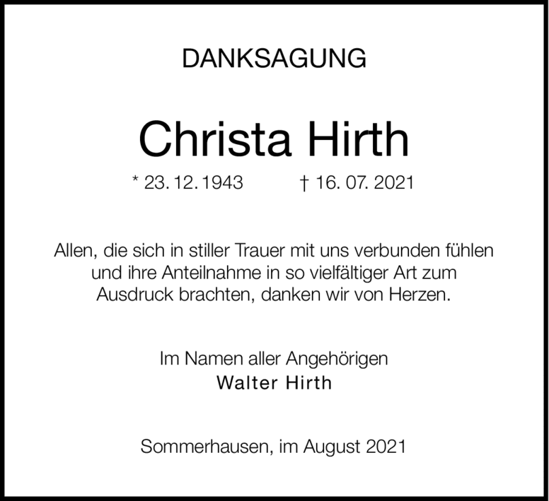 DANKSAGUNG Christa Hirth * 23