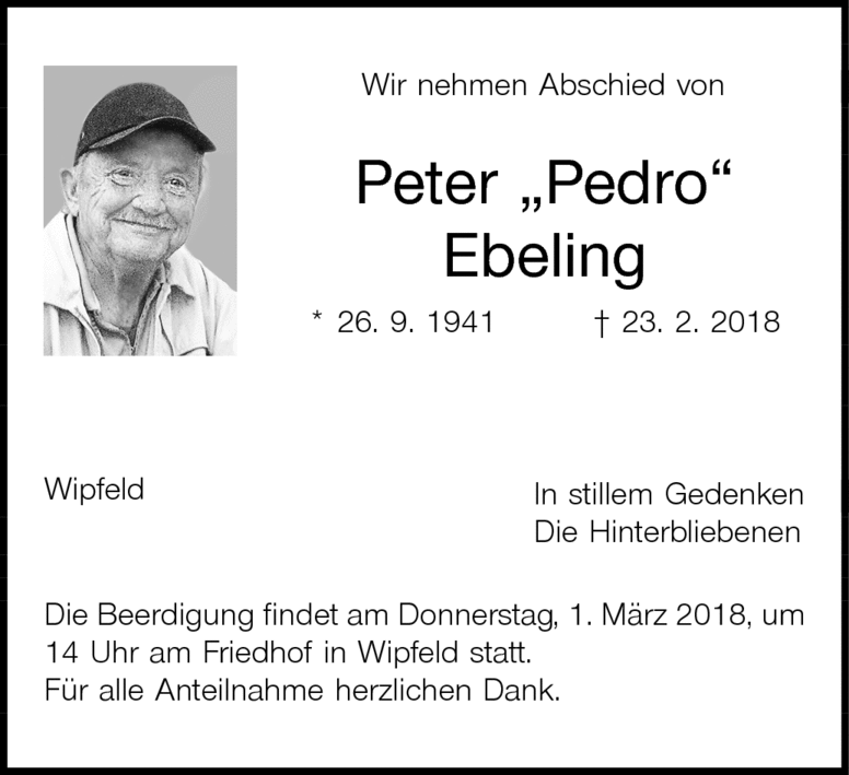 Wir nehmen Abschied von Peter "Pedro" Ebeling * 26