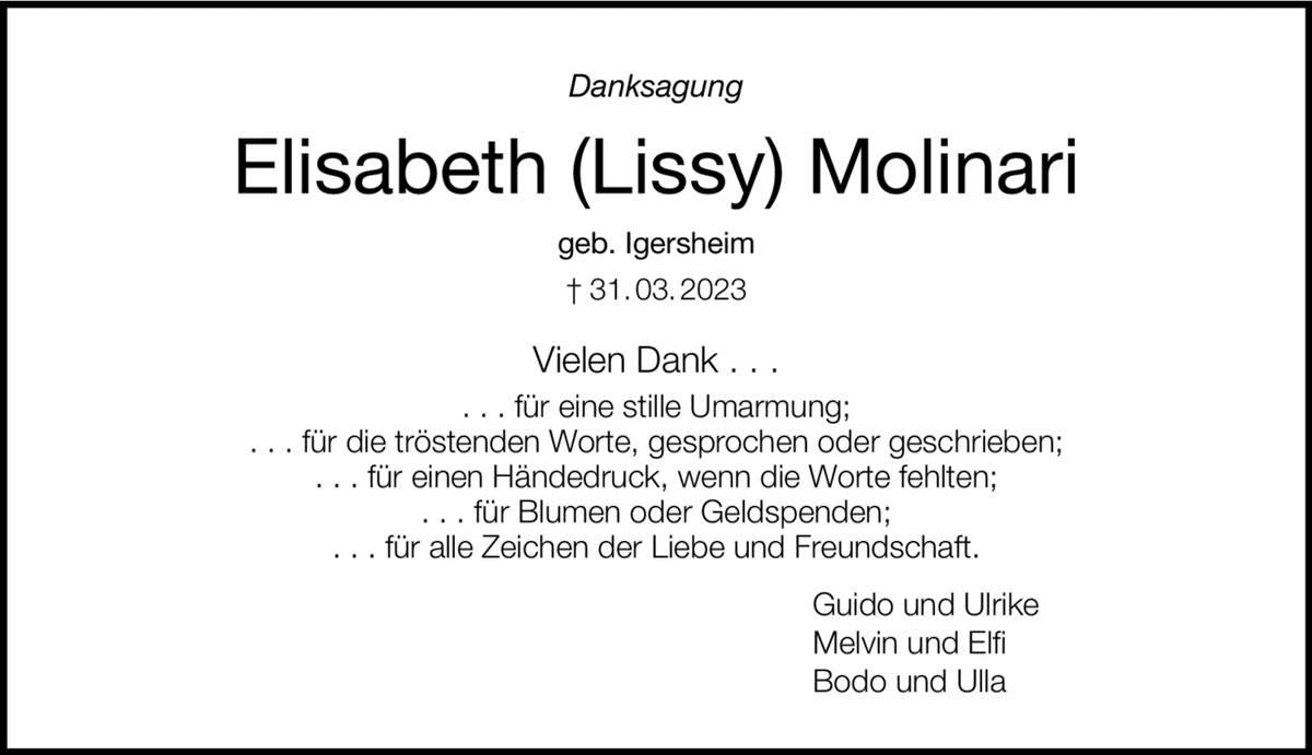 Danksagung Elisabeth (Lissy) Molinari geb