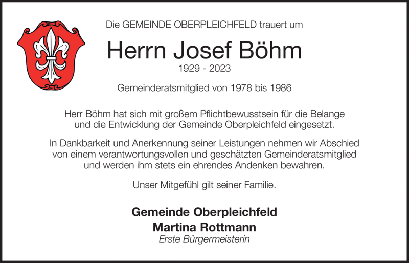 Die GEMEINDE OBERPLEICHFELD trauert um Herrn Josef Böhm 1929 - 2023