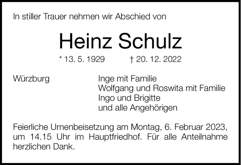 In stiller Trauer nehmen wir Abschied von Heinz Schulz * 13