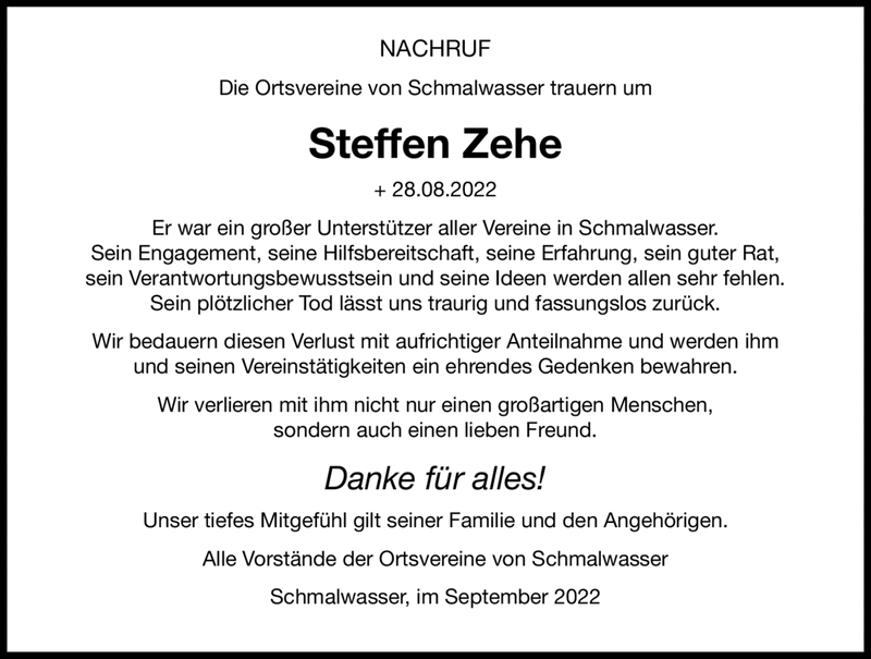 NACHRUF Die Ortsvereine von Schmalwasser trauern um Steffen Zehe + 28