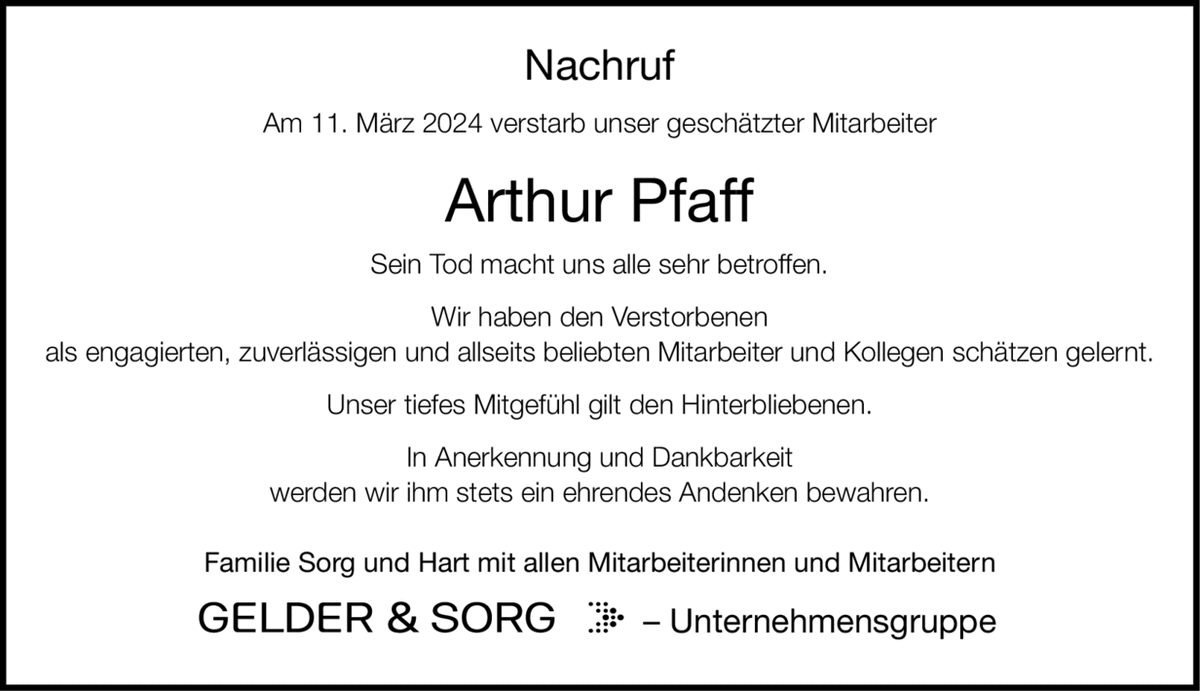 Nachruf Am 11. März 2024 verstarb unser geschätzter Mitarbeiter Arthur ...